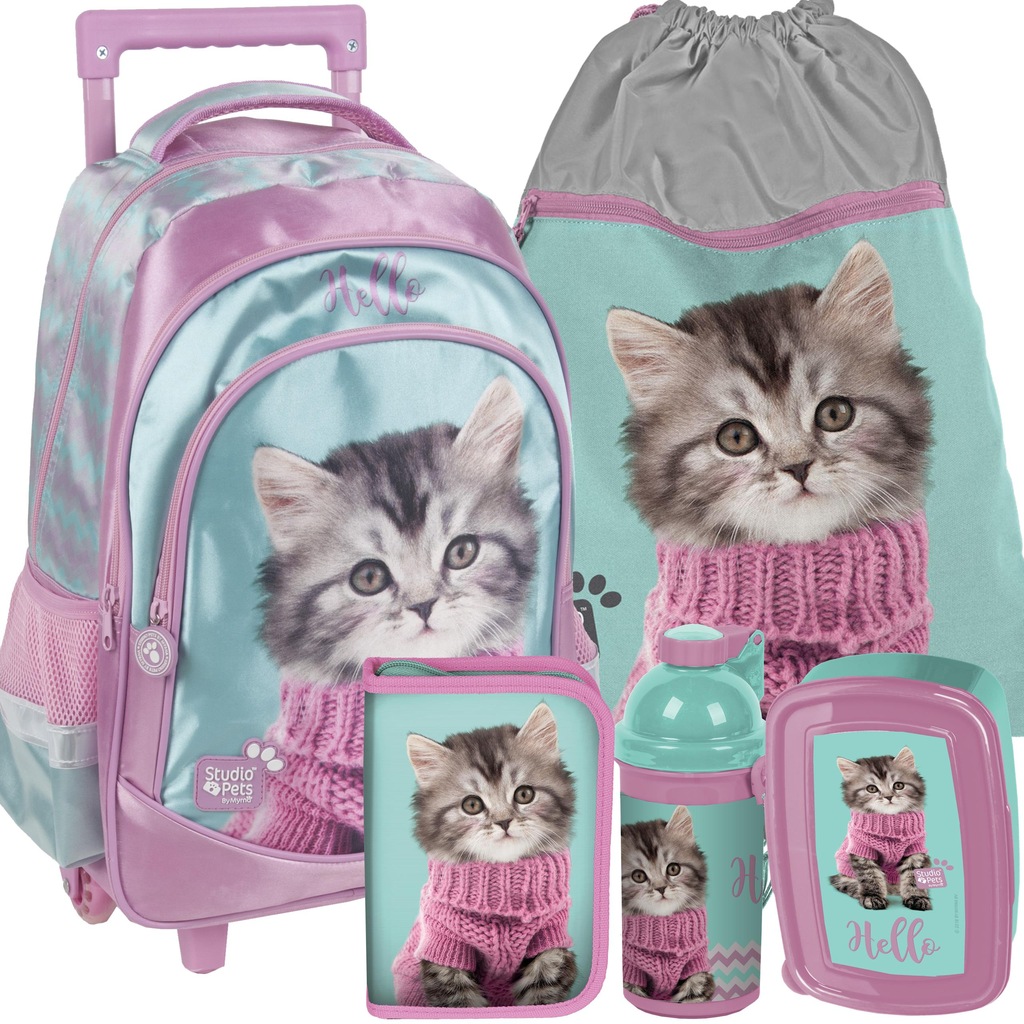 PLECAK SZKOLNY NA KÓŁKACH Z KOTKIEM KOT ZESTAW - 7431590474 - oficjalne archiwum Allegro